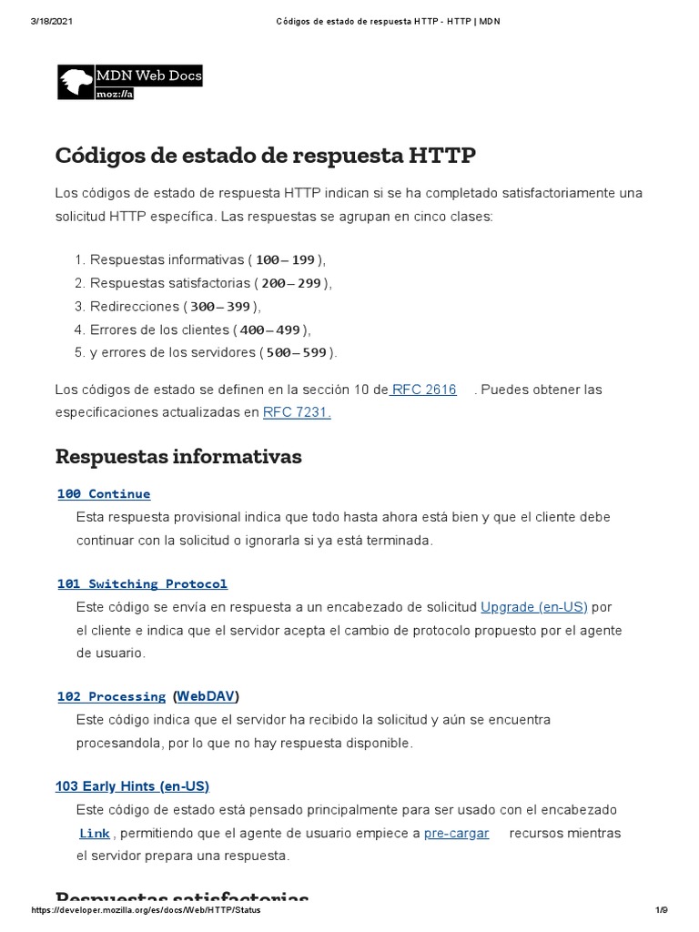 Códigos de Estado de Respuesta HTTP - HTTP - MDN | PDF | Protocolo de ...