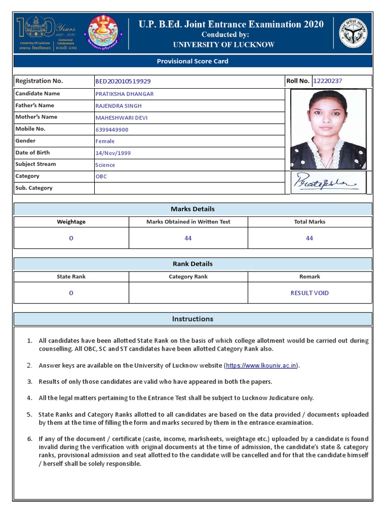 Provisional Score Card: Registration No | PDF