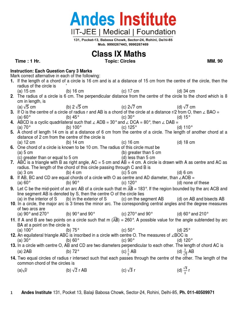 Class IX Maths: Time: 1 Hr. Topic: Circles MM. 90 | PDF | Circle | Angle
