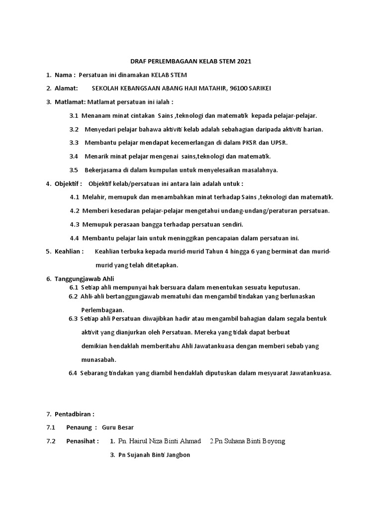 Contoh DRAF Perlembagaan Kelab STEM | PDF