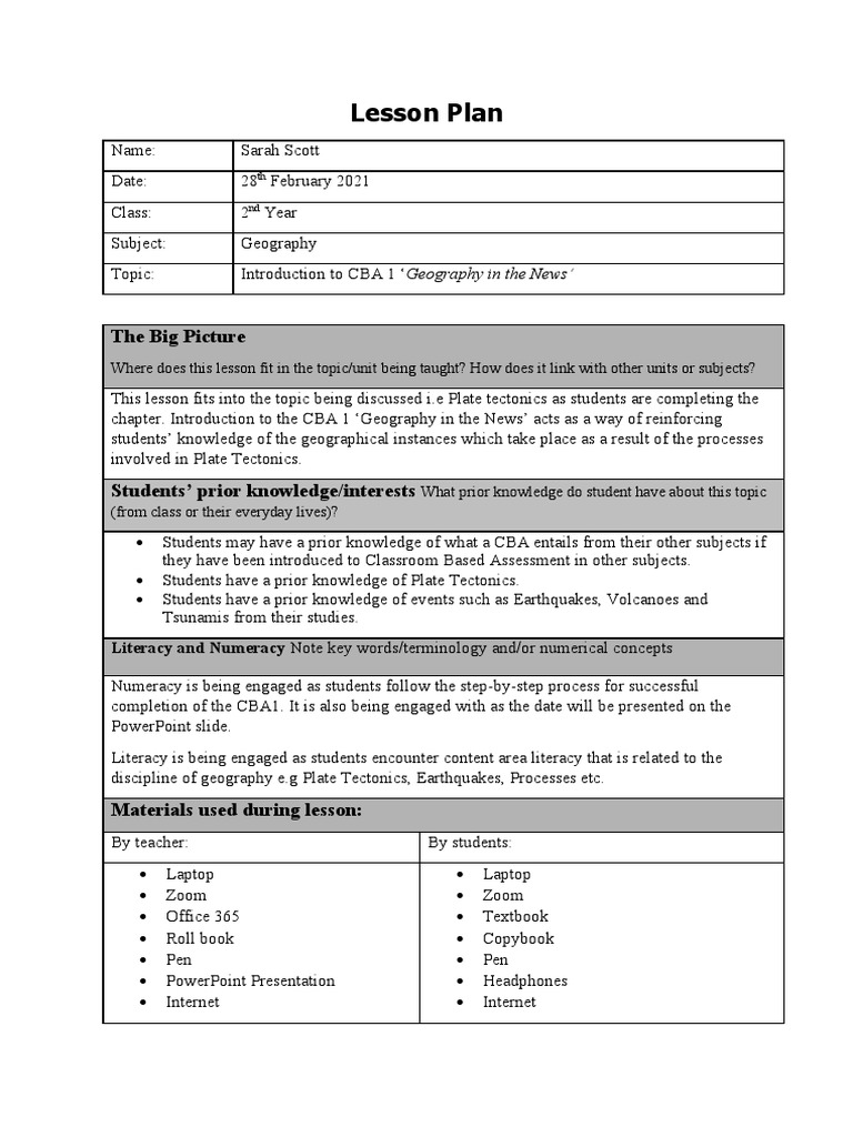 Tel Introductory Lesson Plan To The Cba1 | PDF | Lesson Plan | Learning