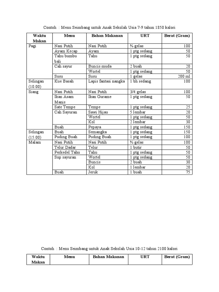 Contoh Menu Seimbang Untuk Anak Sekolah Usia 7 | PDF