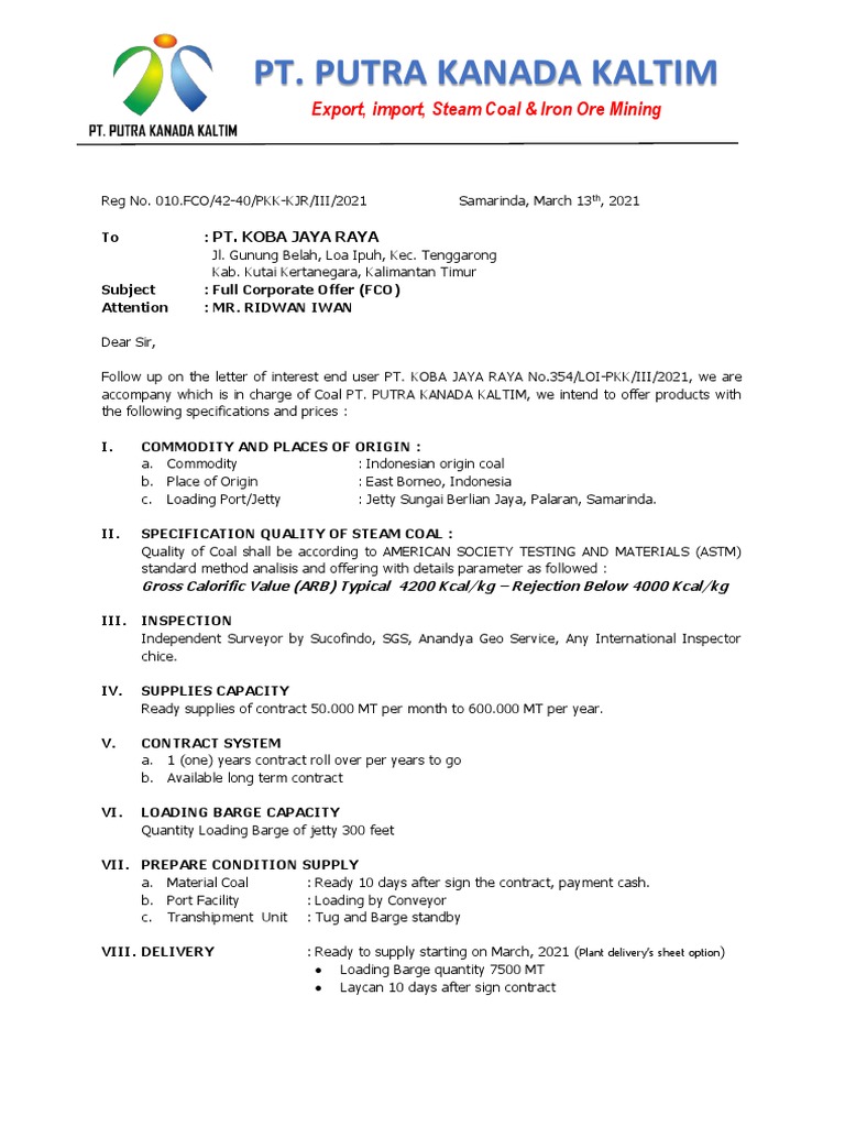 Full Corporate Offer (Fco) To PT Koba Jaya Raya | Download Free PDF ...