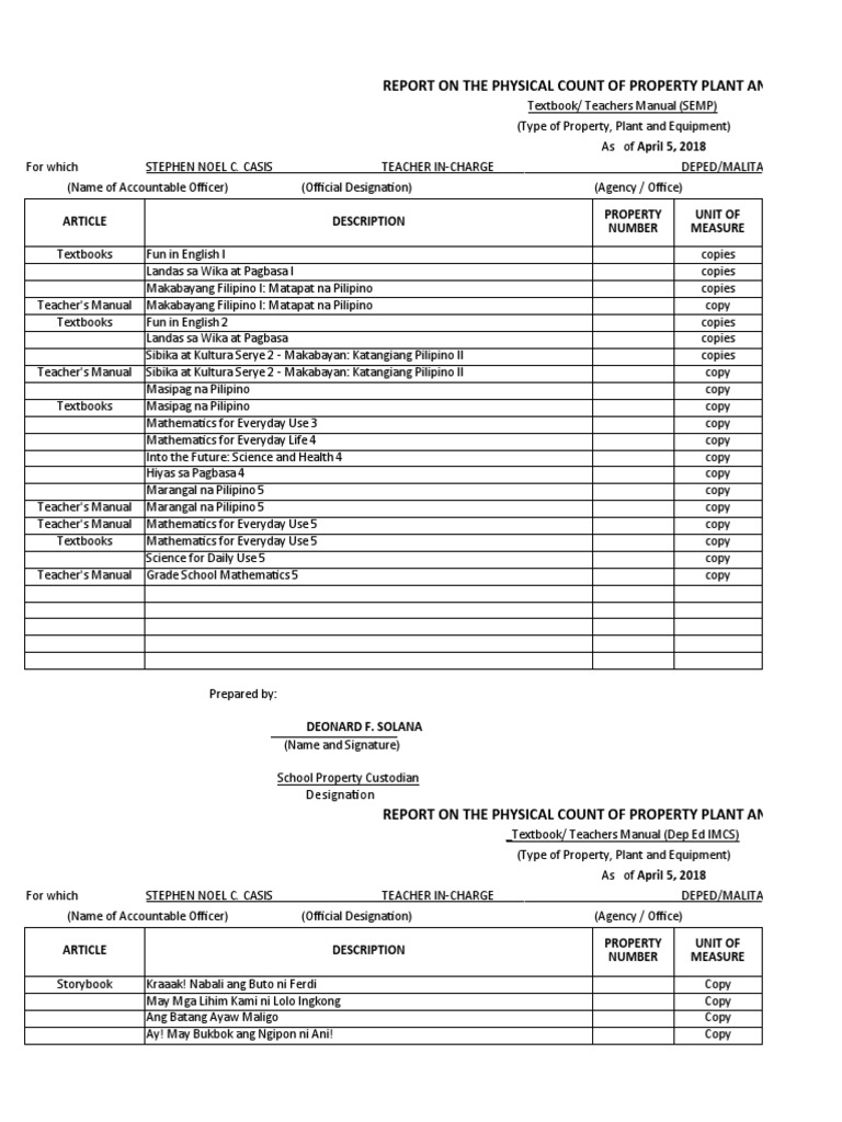 Report On The Physical Count of Property Plant and Equipment Inventory of Books 2013 2014 | PDF ...