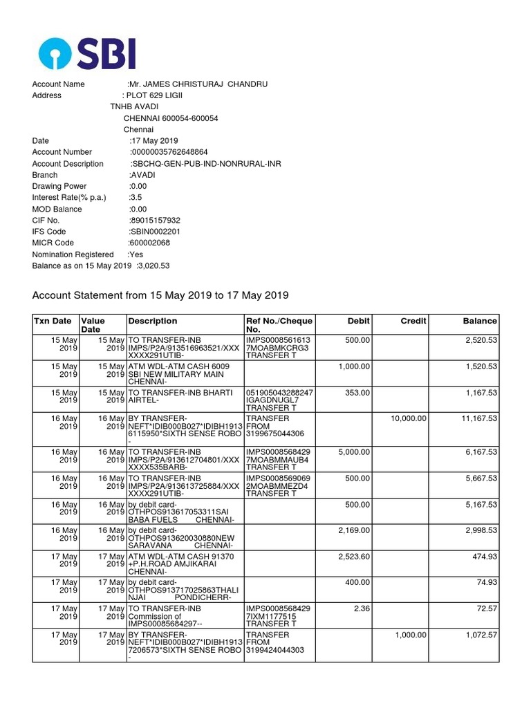 Account Statement From 15 May 2019 To 17 May 2019 | PDF | Debit Card | Automated Teller Machine