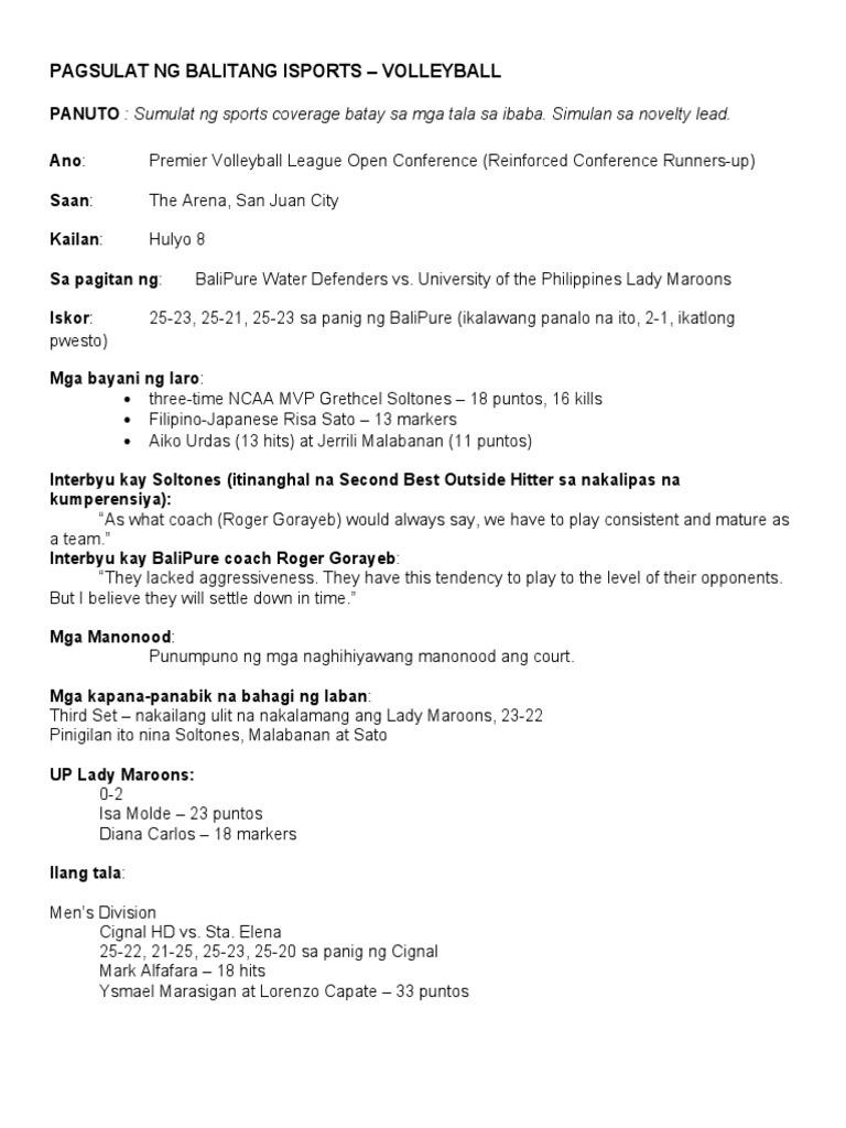 Pagsulat NG Balitang Isports - Volleyball | PDF