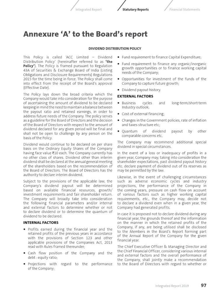 Annexure A' To The Board's Report: External Factors | PDF | Dividend ...