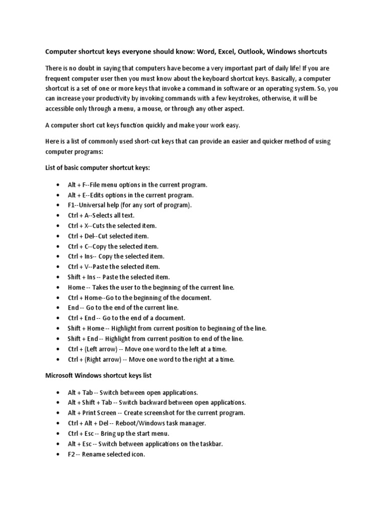 Computer Shortcut Keys Everyone Should Know | PDF | Keyboard Shortcut ...