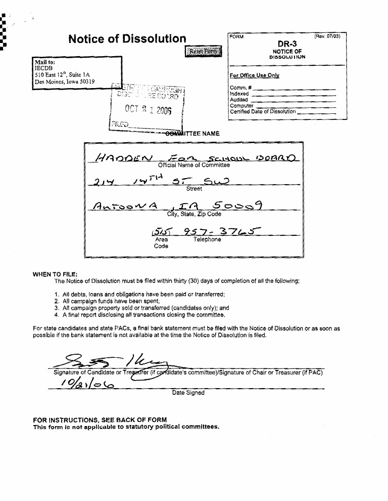 Notice of Committee Dissolution Form | PDF | Political Action Committee ...
