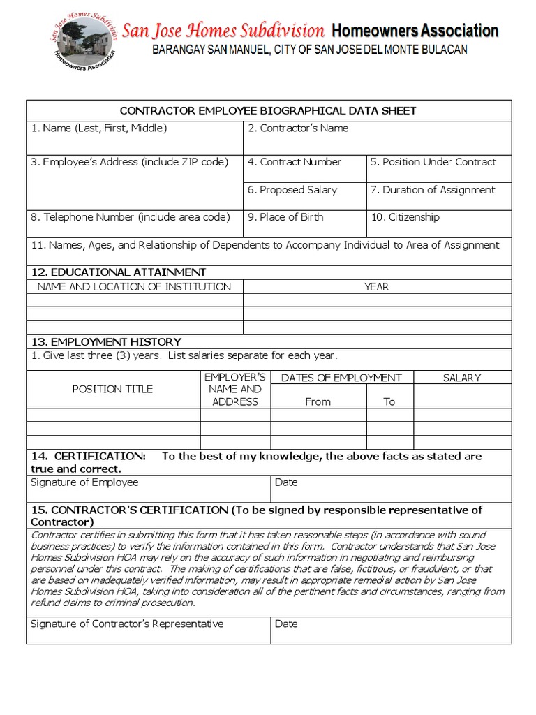 Contractor Employee Bio Data Sheet | PDF