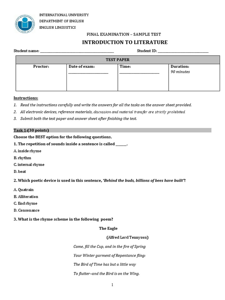 English Literature Final Exam Sample Test | PDF | Monologue | Poetry
