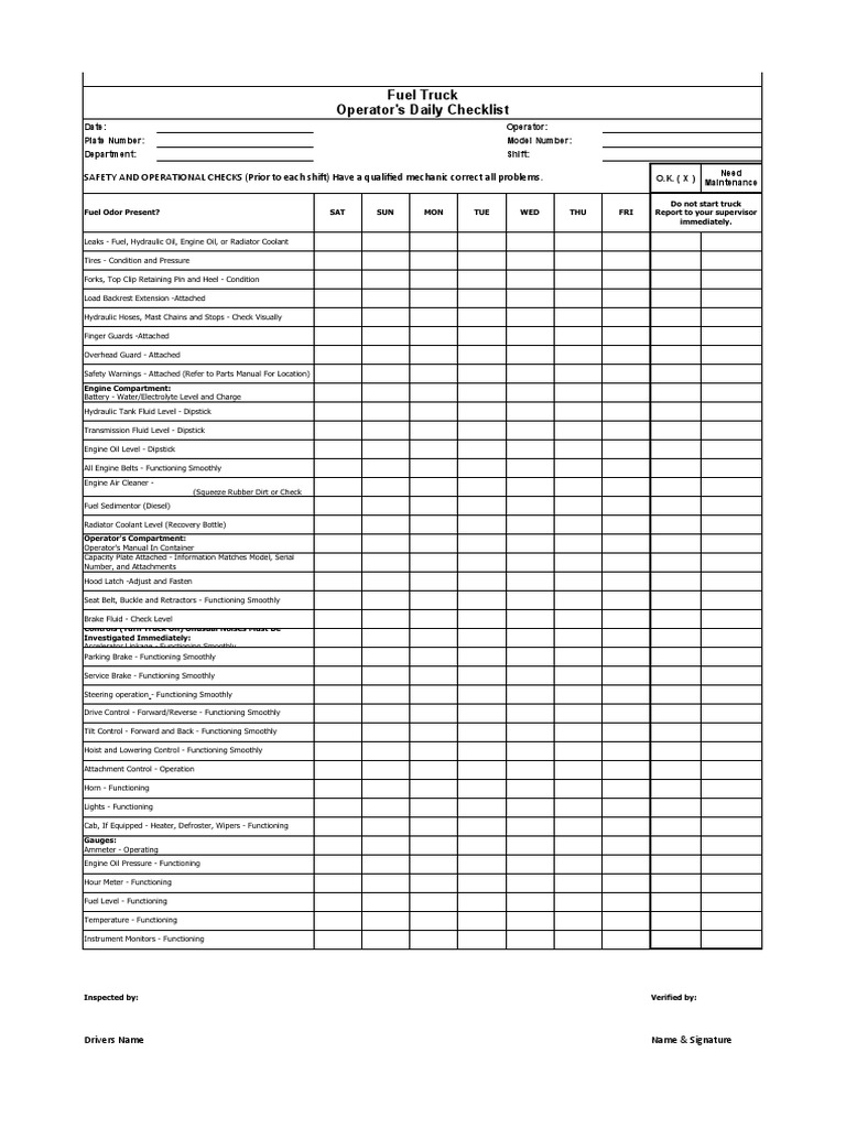 Fuel Truck Operator's Daily Checklist | PDF | Engines | Automotive ...