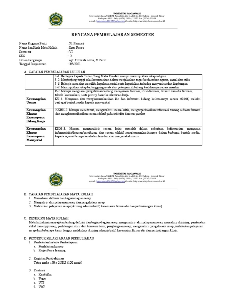 RPS Ilmu Resep | PDF