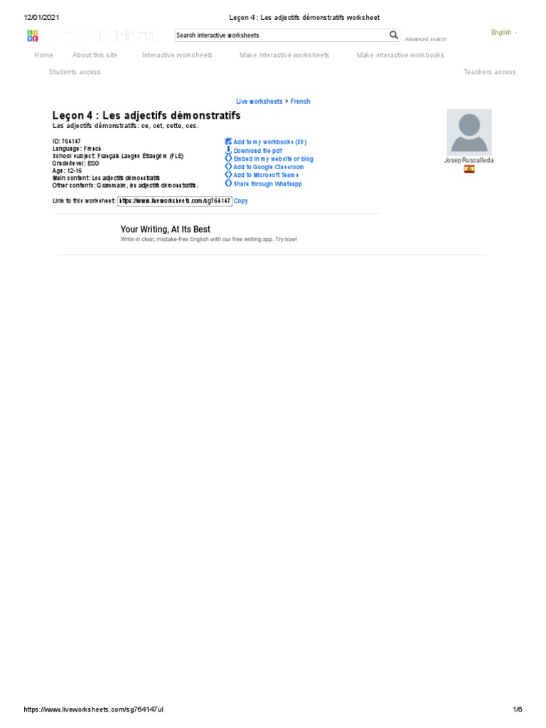 Leçon 4 - Les Adjectifs Démonstratifs Worksheet | PDF