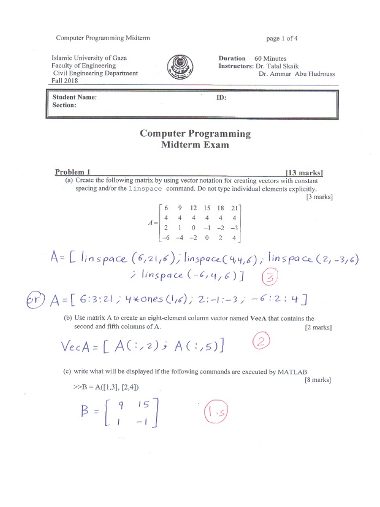 Matlab Midterm Exam Solution 2018 | PDF