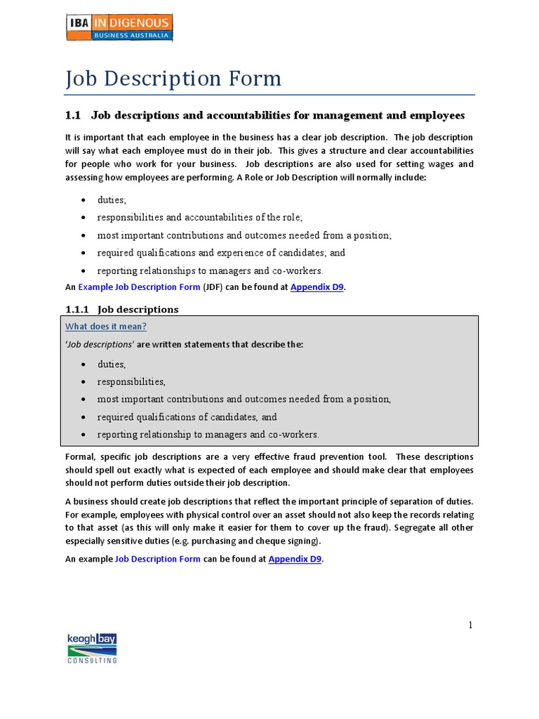 Job Description Form: 1.1 Job Descriptions and Accountabilities For ...