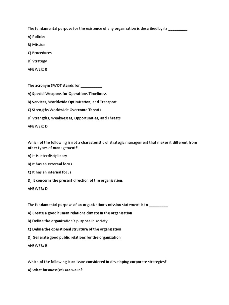 SM MCQ | Download Free PDF | Strategic Management | Swot Analysis