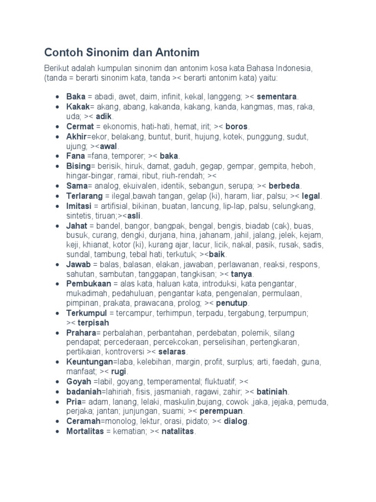 Contoh Sinonim Dan Antonim | PDF