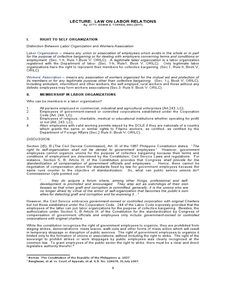 Lecture: Law On Labor Relations: I. Right To Self-Organization | PDF ...