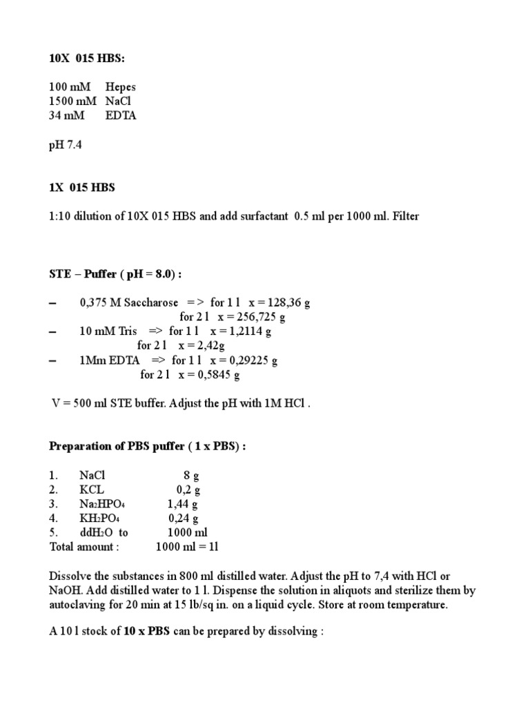 HBS, STE, and PBS Buffer Recipes | PDF