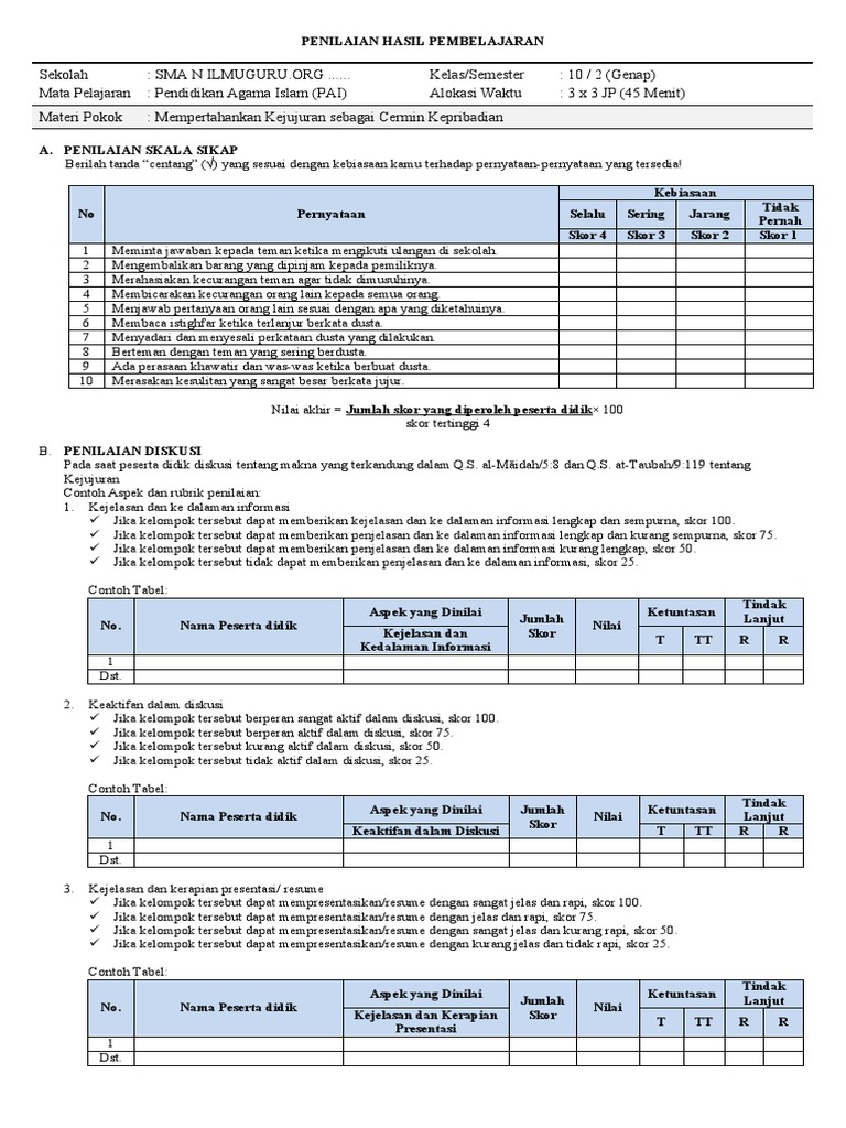 Penilaian RPP PAI Kelas 10 Semester 2 (TM 6) | PDF