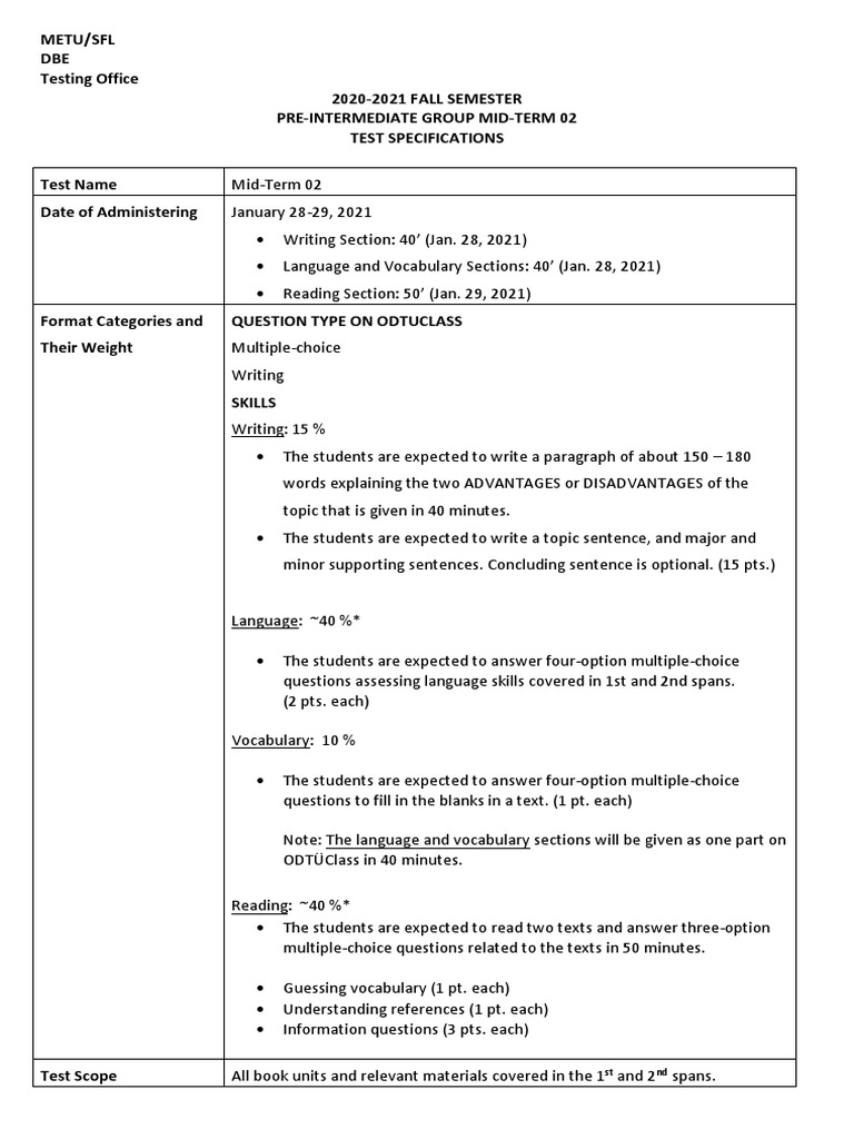 2021-01-22-PRE-INTERMEDIATE Mid-Term 02 Test Specifications | PDF ...