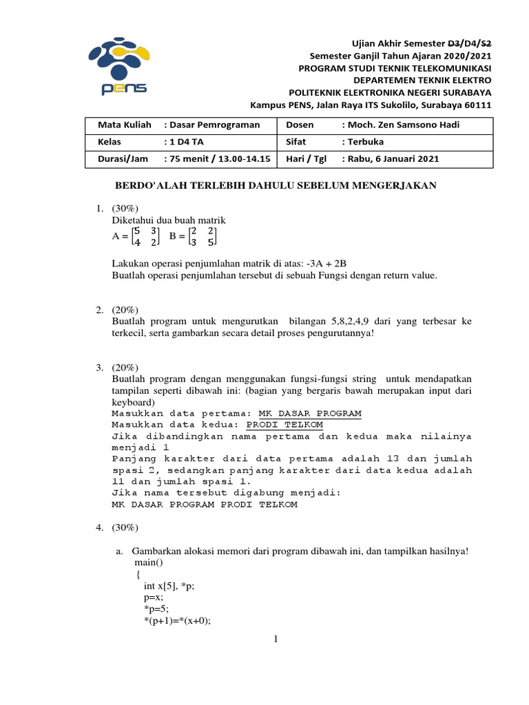 Soal UAS Dasar Pemrograman 1 | PDF
