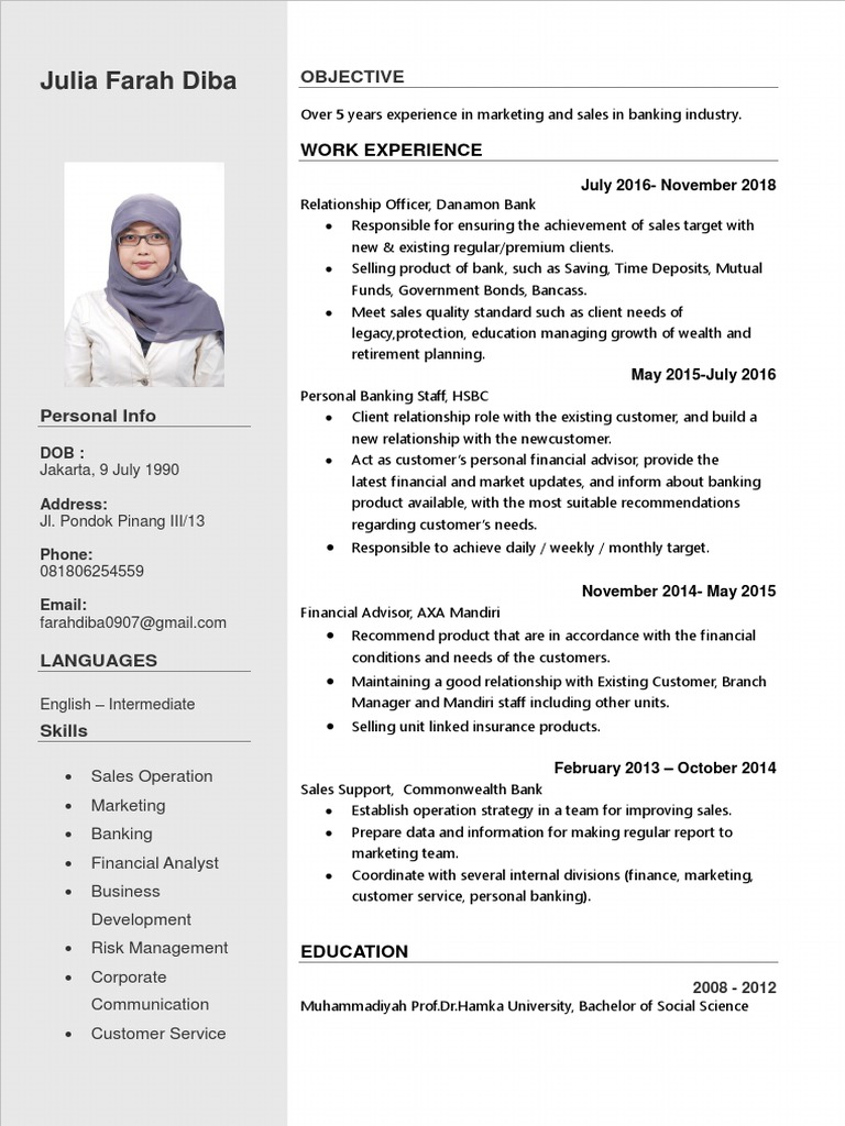 CV Julia Farah Diba 2019 | PDF | Banks | Sales