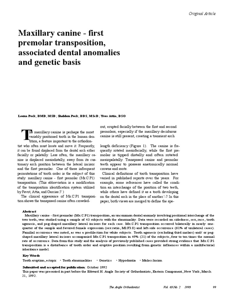 Maxillary Canine - First Premolar Transposition, Associated Dental ...