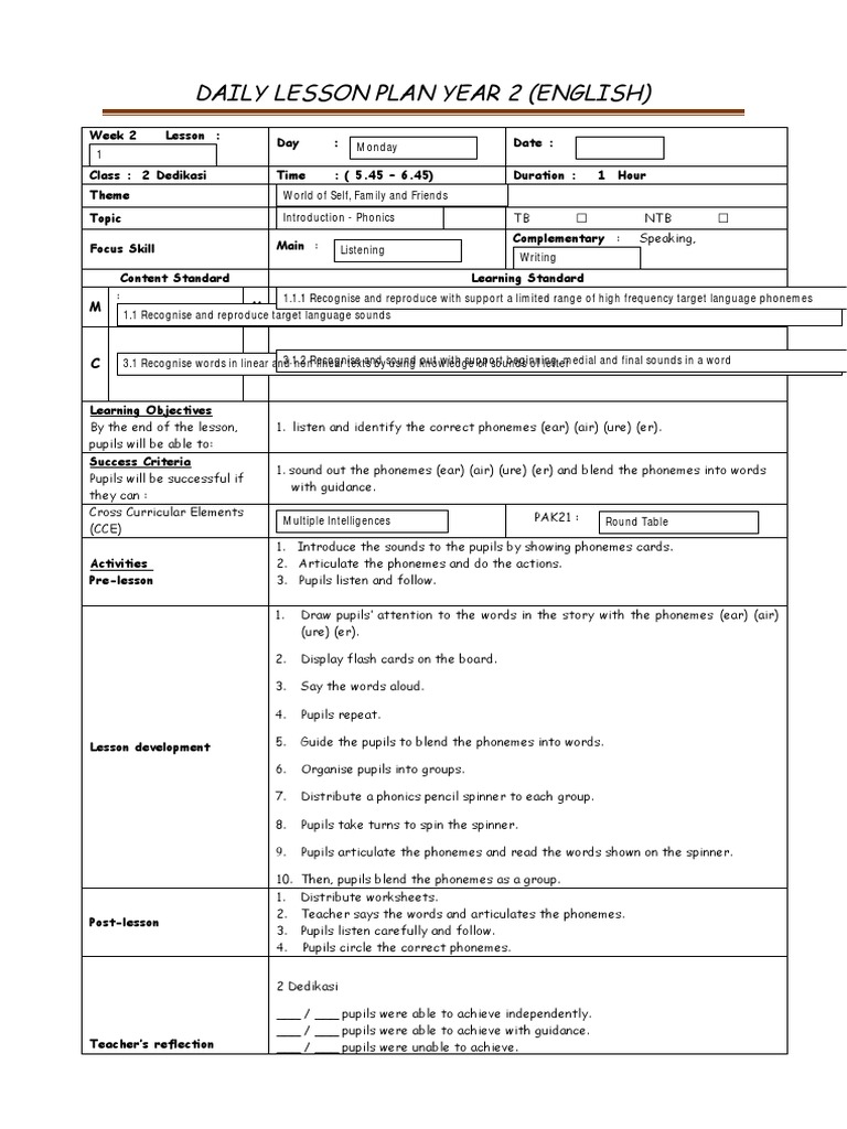 English Lesson Plan Year 2 | PDF | Phonics | Lesson Plan
