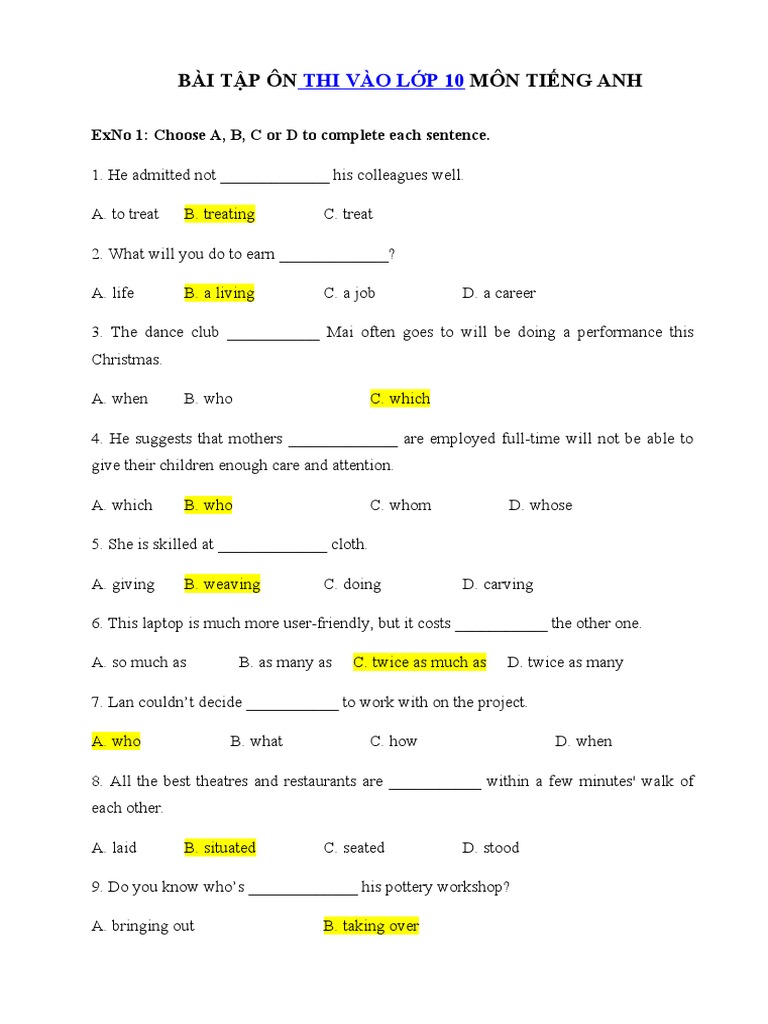 Practice Test for 10th Grade Entrance Exam - English Section | PDF ...