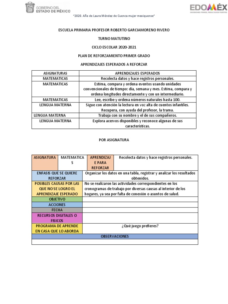 Plan De Reforzamiento Primer Grado Pdf Educación Primaria Aprendizaje