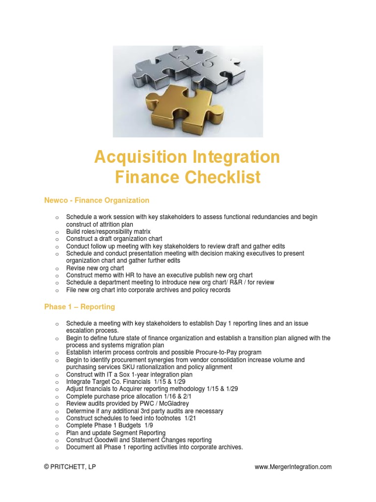 Acquisition Integration Finance Checklist | PDF | Internal Control ...