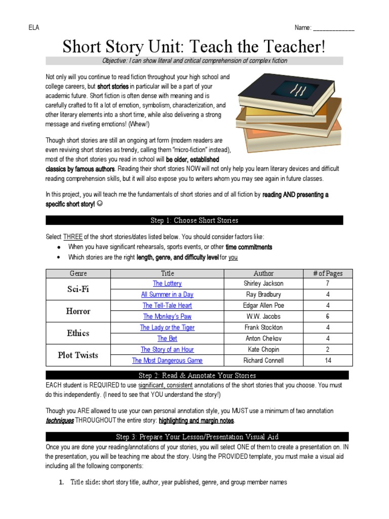 Short Story Unit: Teach The Teacher!: Objective: I Can Show Literal and ...