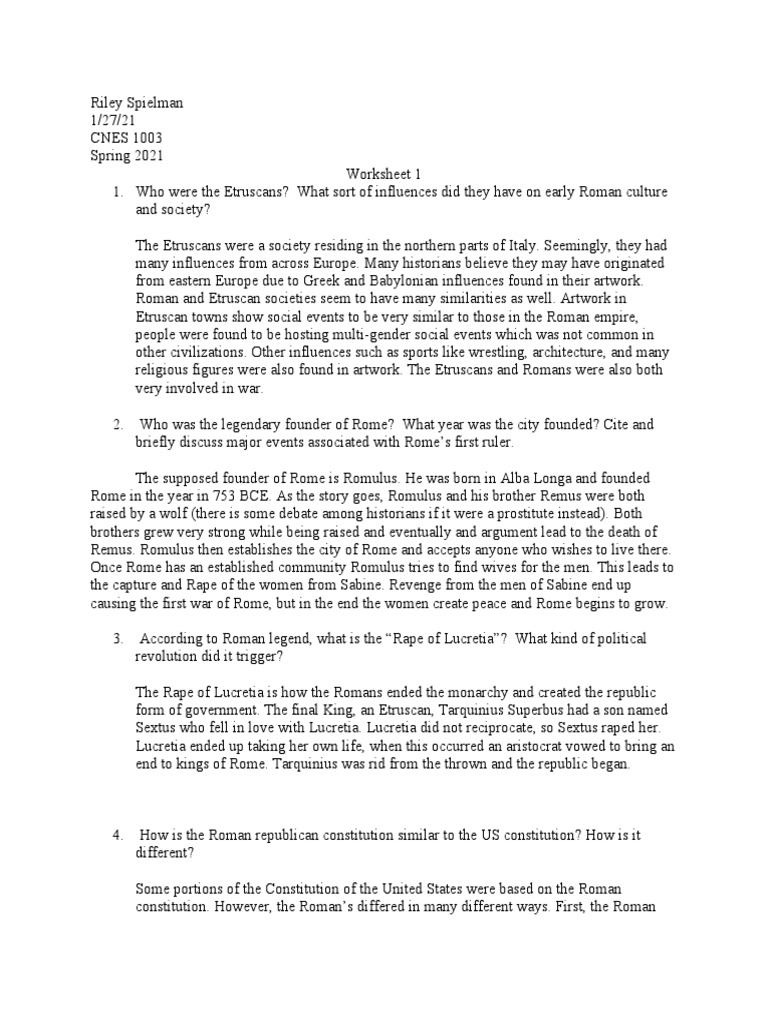 Worksheet 1 | PDF | Roman Republic | Romulus And Remus