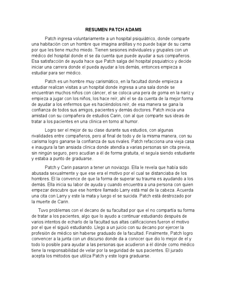 Resumen Patch Adams | PDF | Hospital y clinica | Bienestar