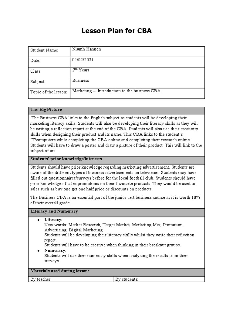 Lesson Plan For CBA: The Big Picture | PDF | Classroom Management ...