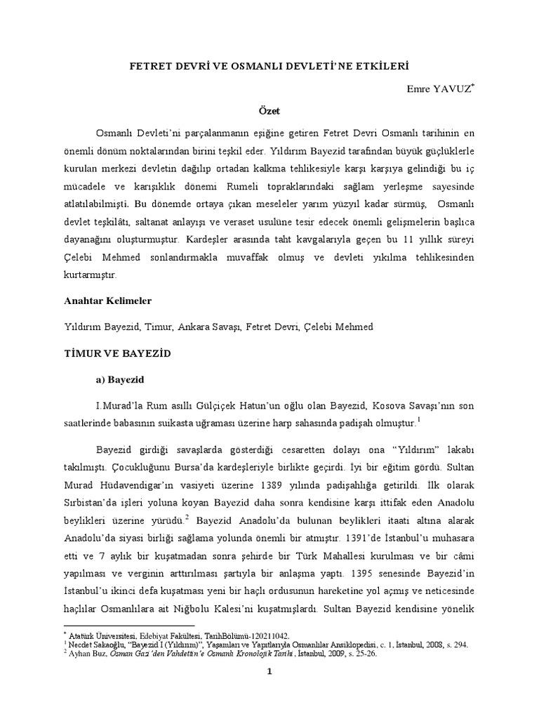 Fetret Devri̇ Ve Osmanli Devleti̇'ne Etki̇leri̇ | PDF