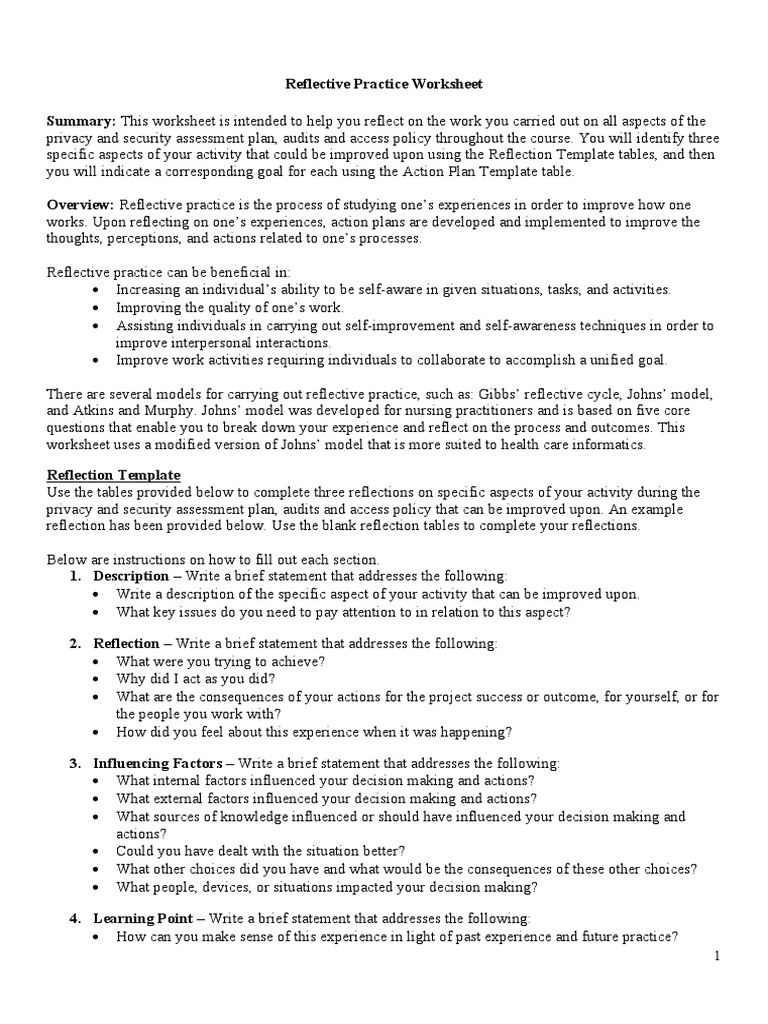 Final Reflective Practice Worksheet | PDF | Reflective Practice ...
