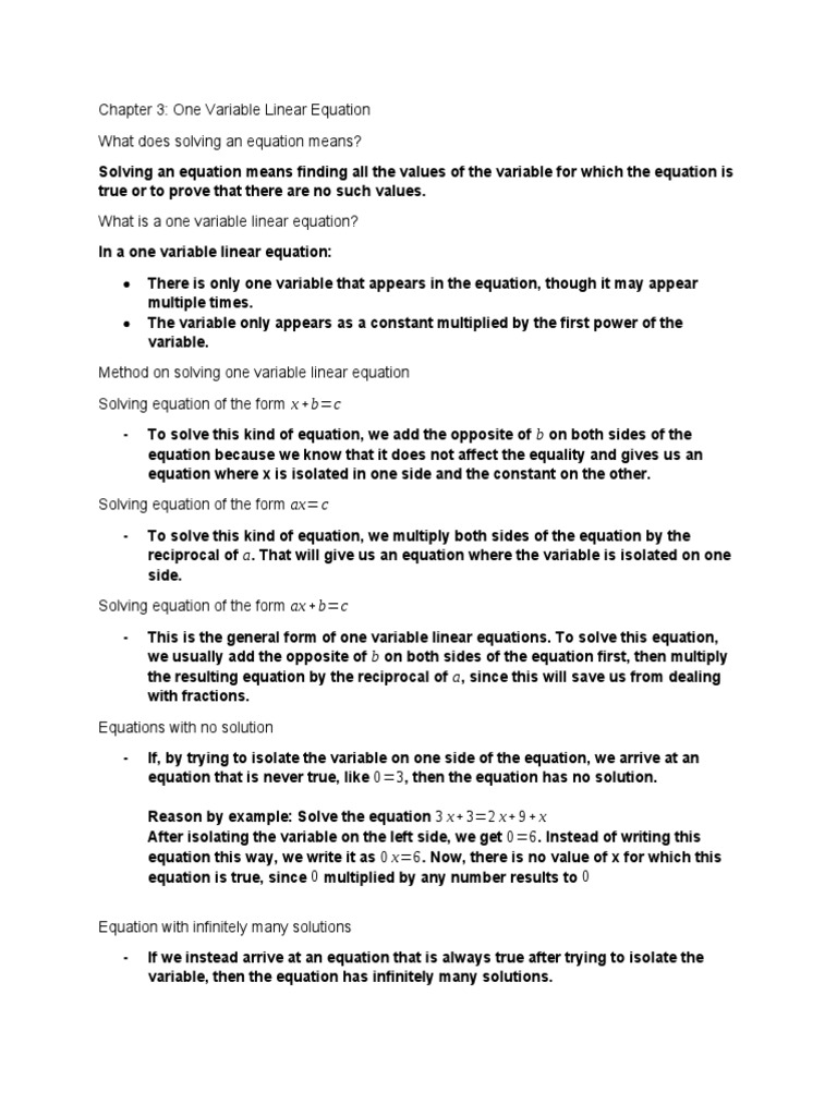 Understanding One Variable Linear Equations | PDF | Equations ...