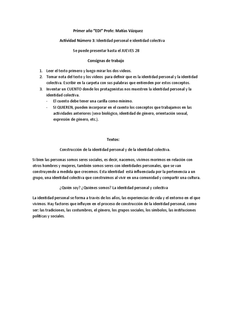 Actividades sobre Identidad Personal y Colectiva | PDF | Ciencias ...