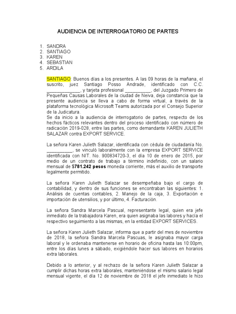 Libreto Audiencia de Interrogatorio de Partes | PDF | Salario | Empresas