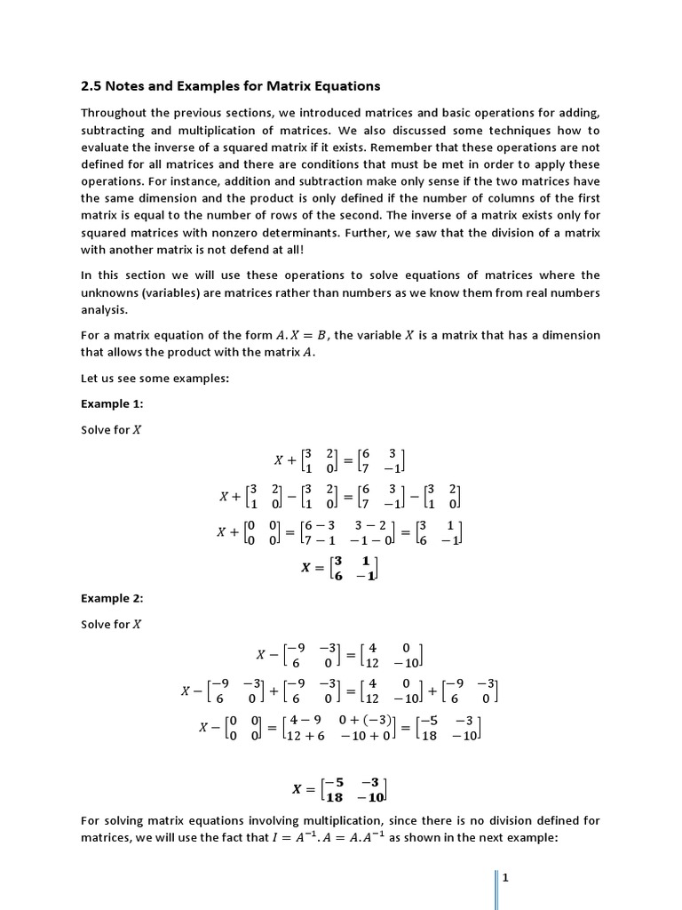 2.5 Notes and Examples For Matrix Equations: Example 1 | PDF | Matrix ...