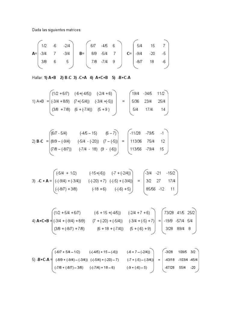 Suma_resta y multiplicación de matrices_Ejercicios | PDF
