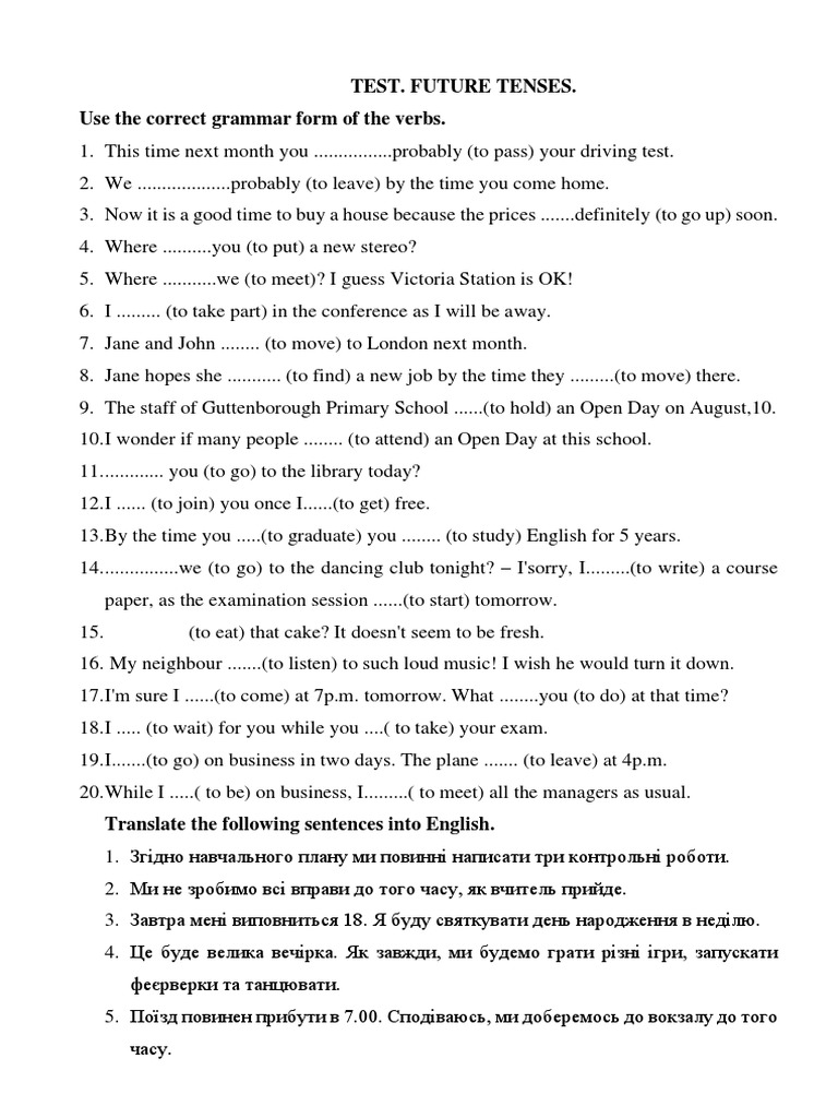 Test. Future Tenses. Use The Correct Grammar Form of The Verbs | PDF