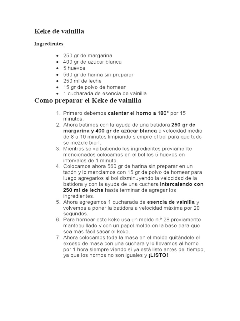 Receta de Keke de Vainilla Casero | PDF