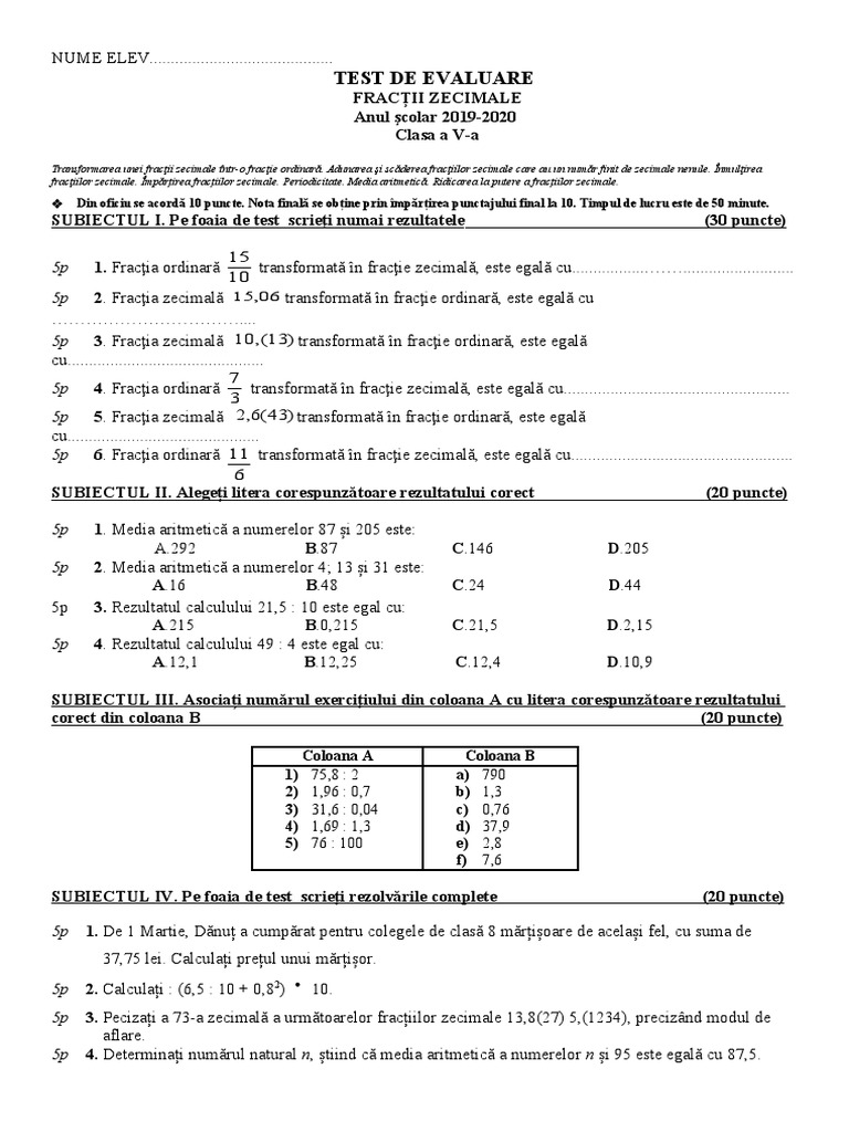 Test Operatii Cu Fractii Zecimale Clasa A Va Cu Barem | PDF