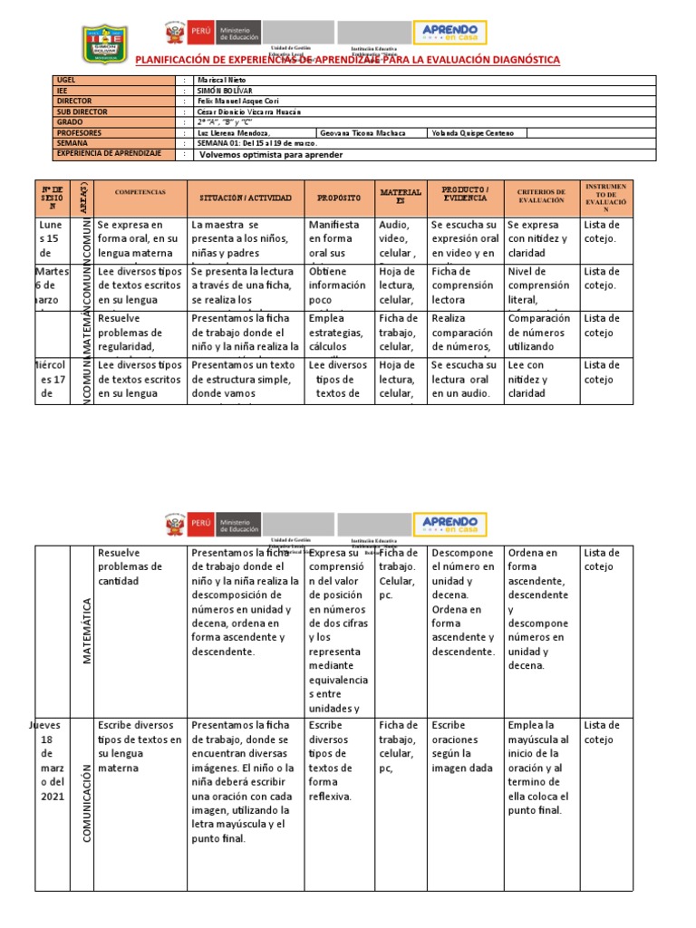 ESQUEMA PLANIFIC EXP APRENDIZAJE EVAL DIAGNostica de 2° 2021 | PDF | Comunicación | Aprendizaje