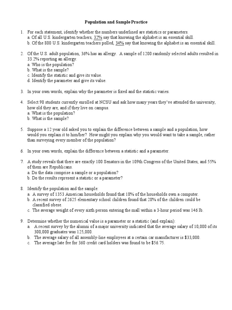 Population and Sample Practice 1 | PDF | Statistic | Sampling (Statistics)