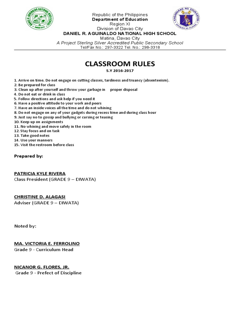Classroom Rules: A Project Sterling Silver Accredited Public Secondary ...